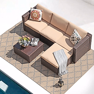 Patiorama 5 Piece Outdoor Patio Furniture Set, Outdoor Sectional Conversation Set, All-Weather Brown PE Wicker w/Beige Cushions, Outdoor Backyard Porch Garden Poolside Balcony Furniture Set