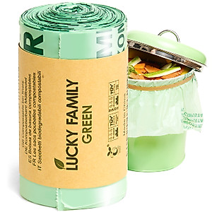 Lucky Family Green Compost Bags for Kitchen Countertop Bin -1.3 gallon trash bags to 1.6 Gallon trash bags - 100% Compostable Trash Bags for Food Waste, Organic Biodegradable Bags