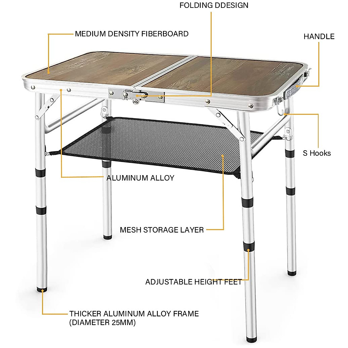YihuiKo Small Folding Table,3 Adjustable Heights Foldable Table, Camping Table,Outdoor Folding Table with Storage Mesh Layer，Portable Table for BBQ,Patio,Garden and Indoor(Brown)