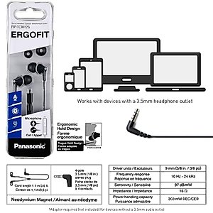 Panasonic ErgoFit Wired Earbuds, In-Ear Headphones with Microphone and Call Controller, Ergonomic Custom-Fit Earpieces (S/M/L), 3.5mm Jack for Phones and Laptops - RP-TCM125-K (Black)