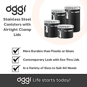 Oggi Stainless Steel Kitchen Canister 26oz, Black - Airtight Clamp Lid, Clear See-Thru Top - Ideal for Kitchen Storage, Food Storage, Pantry Storage. Size 5" x 3.5". (5300.3)