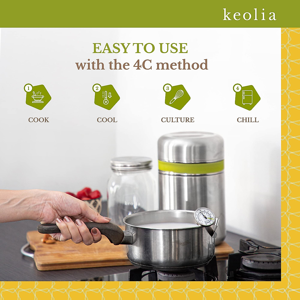 Keolia Yogurt Maker Machine, 1 Quart Glass Yogurt Maker Jars with Recipe Book and Accessories to Make Yogurt, Homemade Dairy Free Yogurt Culture, Stainless Steel Yoghurt Maker with Dairy Jars