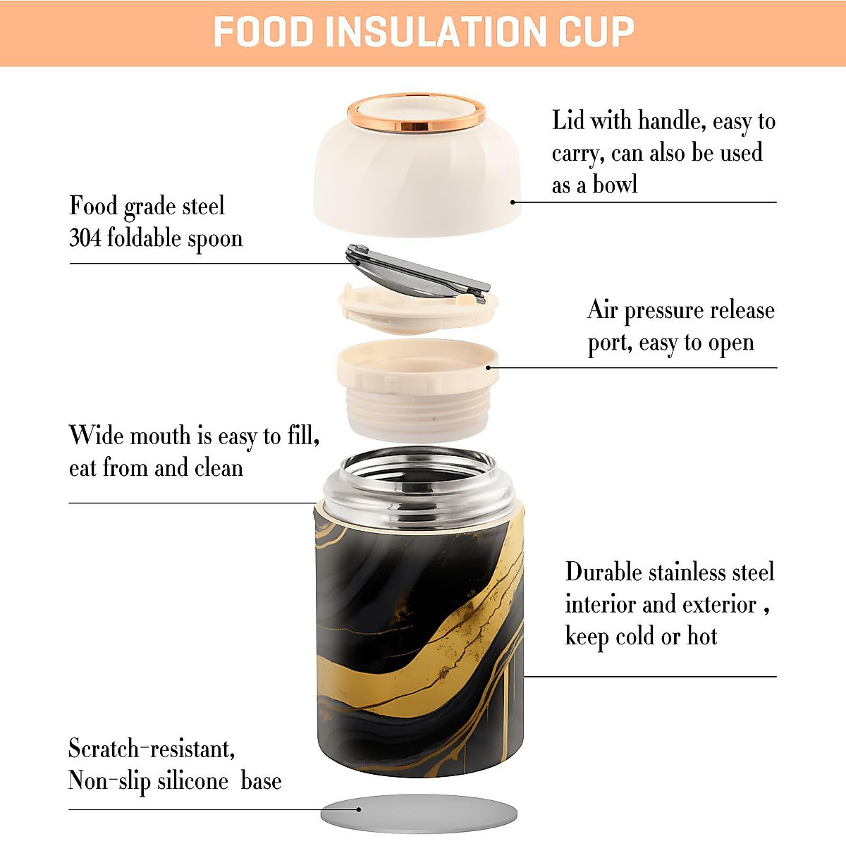 Marble Blue Black Gold Kids Womens Insulated Food Jar Container with Spoon 17oz/500ml Food Containers For Hot Stainless Steel Vacuum Leak Proof Food Containers for Keeps Food Hot