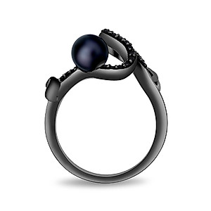 Jewelili Enchanted Disney Fine Jewelry Black Rhodium over Sterling Silver 6.5 MM Black Round Pearl and 1/5 Cttw Treated Black Round Diamond Ursula Ring, Size 8