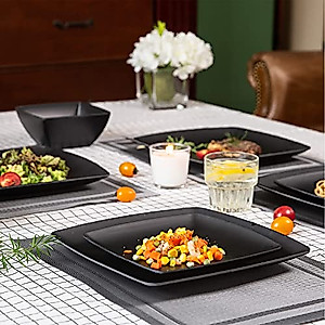 Melamine 12pcs Classic Square Dinnerware Set, Concise Plates and Bowls Set, Service for 4, Dishwasher Safe (Black)