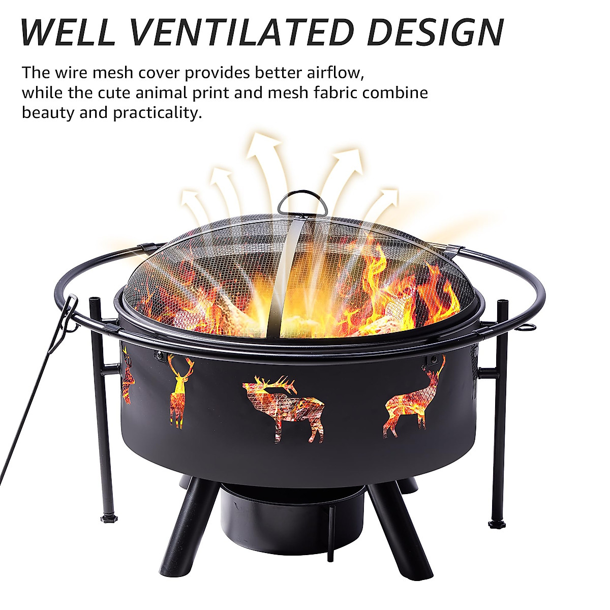 NATURAL EXPRESSIONS 32 Inch Large Fire Pit with 2 Grills, Outdoor Wood Burning Fire Pit with Cooking Grate, Lid, Poker and Round Waterproof Cover for Patio, Ourside, Bonfires, Picnic, Party.