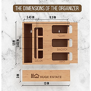 Bamboo Ziplock Bag Storage Organizer Baggie Holder for Drawer and Wall Kitchen Compatible with Solimo, Ziploc, Hefty, Glad for Gallon, Quart, Sandwich, Snack and Slider Bags by brand Huge Estate