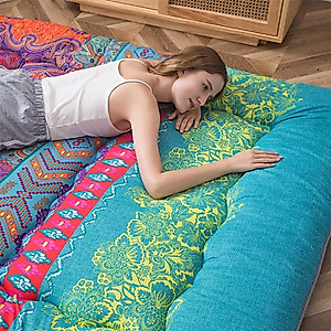 MAXYOYO Bohemian Futon Floor Mattress Boho Floral Style Japanese Tatami Mat Foldable Bed Portable Camping Sleeping Pad Lounger Couch Bed, Queen