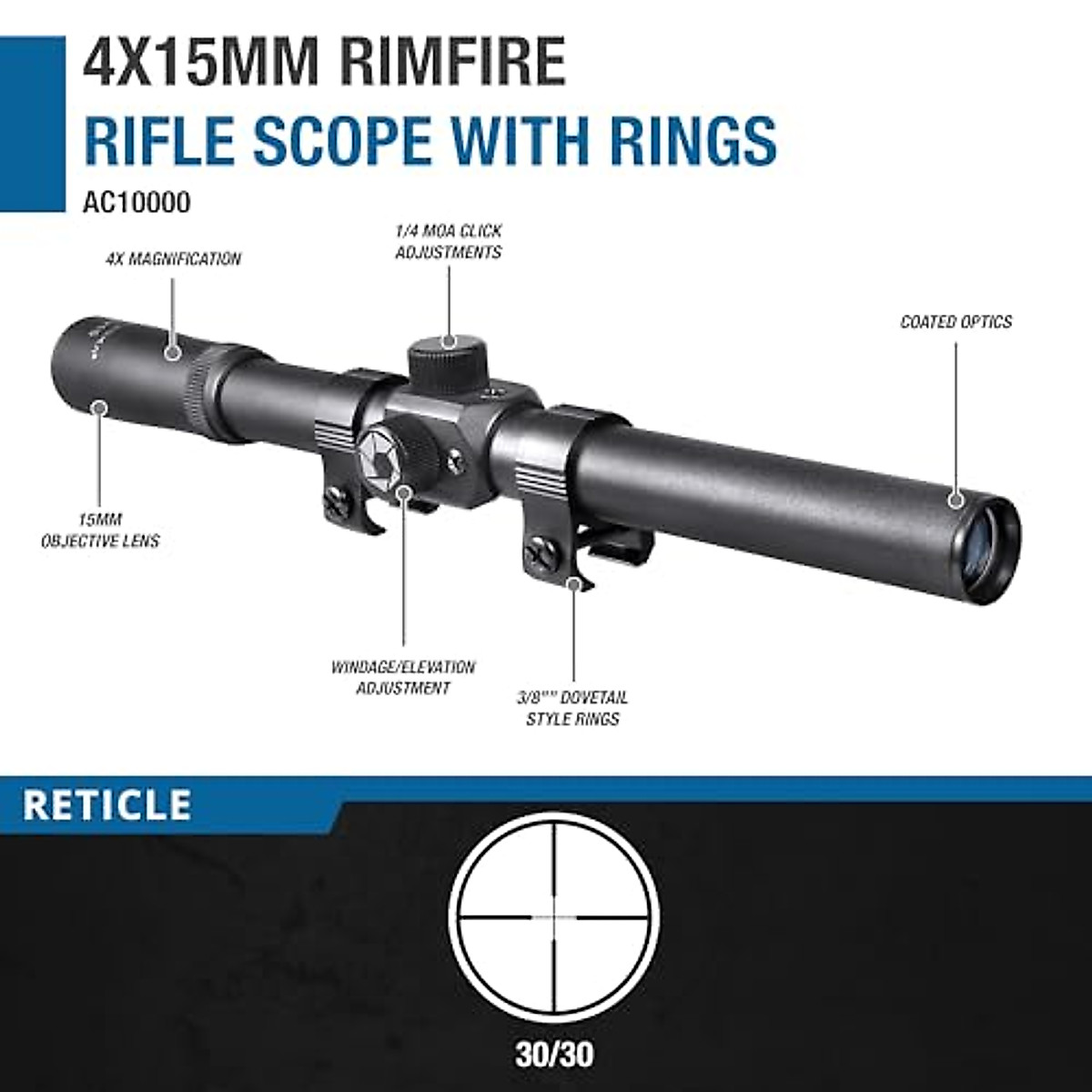 Barska 4x15 Rimfire Riflescope with Crosshair Reticle Parallax Free 50 Yards for Short Rimfire Ranges