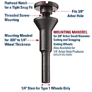 Weiler 56490 Mounting Mandrel For Cut-Off Wheels W/3/8" Arbor Hole, 1/4" Stem