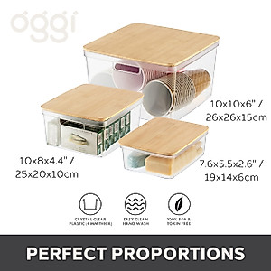 OGGI Clear Stackable Storage Bin with Bamboo Lid, Set of 3 - Ideal for Kitchen, Pantry, Cabinet, Bathroom, Bedroom, Kids, Refrigerator. With Handles & Lid - Organizer for Snacks, Toys, Crafts
