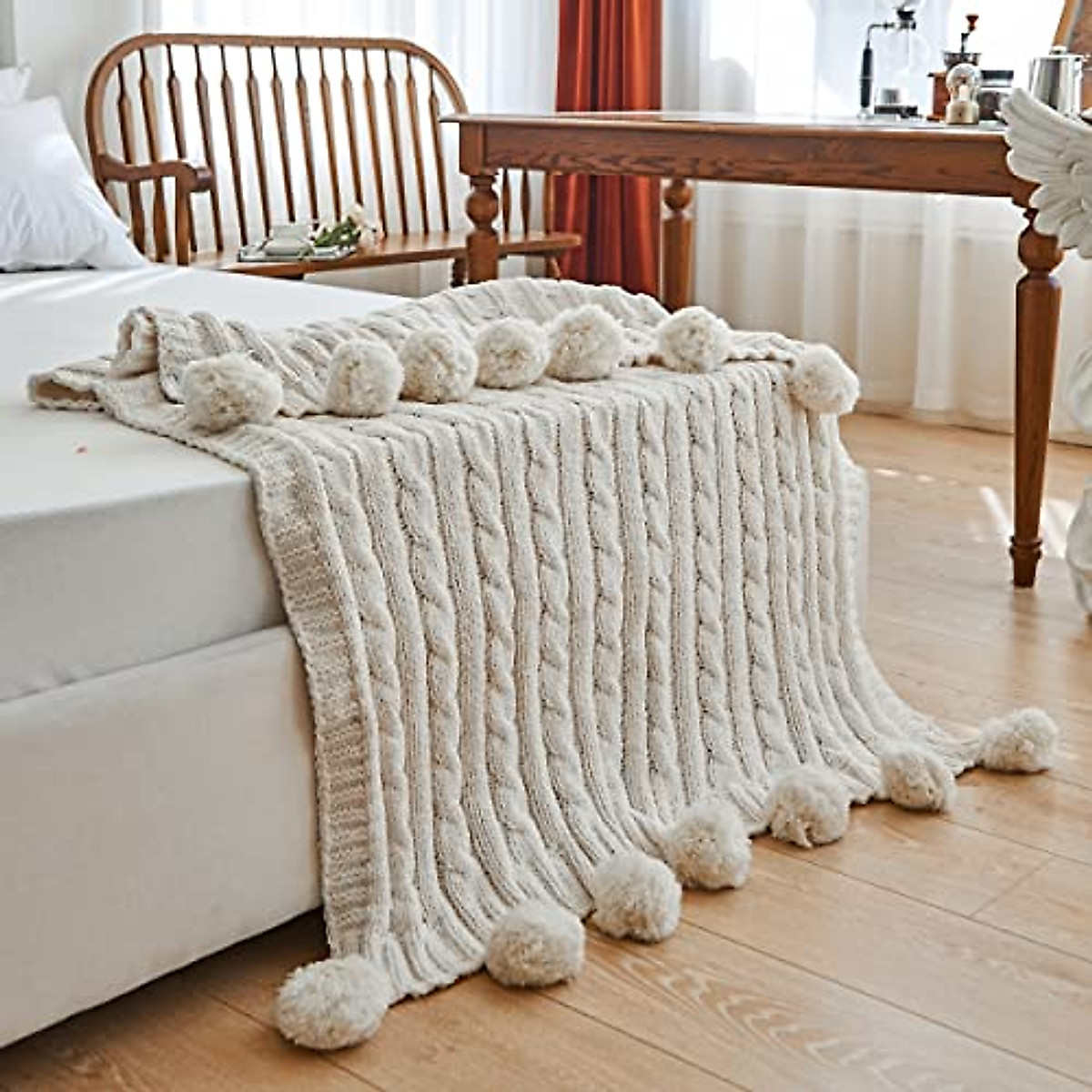 Chenille Chunky Knitted Throw Blanket with 14pcs Pom Poms Tassel Super Soft Cozy Warm Blanket for Sofa Bed Soft Couch 50 x60 inches (White)¡­