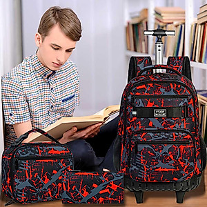 FTJCF 3PCS Rolling Backpack for Boys, 19 Inche Adults Roller Bag with Wheels, Graffiti Wheeled Bookbag Set for Men(Red)
