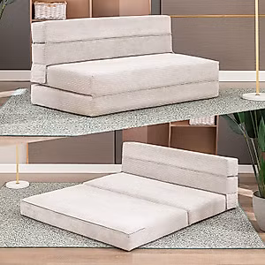 Mixoy Folding Sofa Mattress, Tri Fold Sofa Chair Bed 6.3”,Upholstered Guest Chaise,Floor Couch Sleeper,Folding Futon Sofa Bed Lounge Chaise for Guests,Living Room and Bedroom(Full Size,Beige) 1
