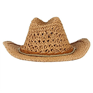 EOZY Women Men Straw Hat Hallow Out Cowboy Cowgirls Sun Hat Braided Paper Western Style Beach Sun Hat with Chin Strap/Khaki