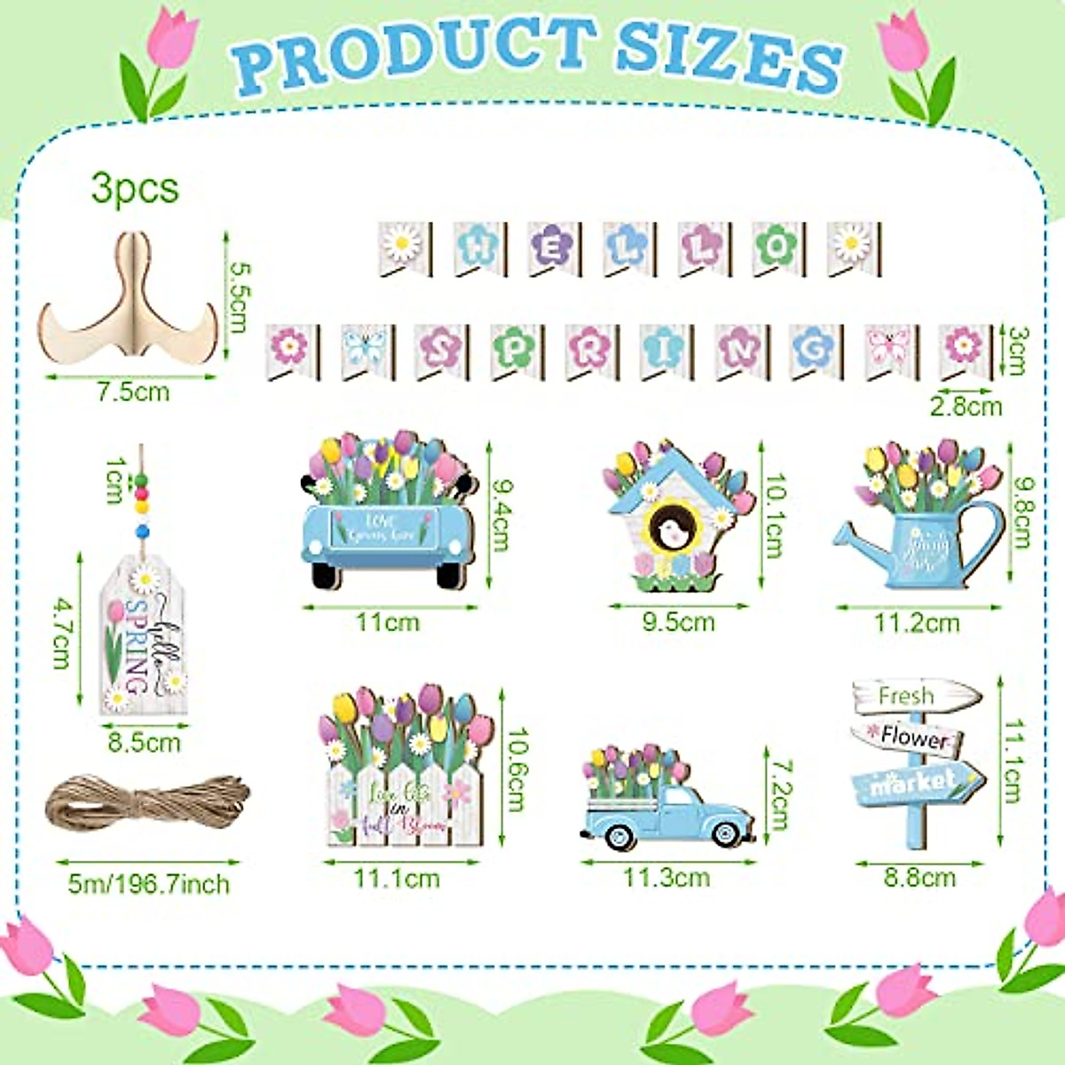 Bucherry Hello Spring Tiered Tray Decor Tulips Table Wooden Sign Decorations Flower Market Tabletop Rustic Farmhouse Decor for Spring Holiday Party Home Kitchen (Tulip Style)