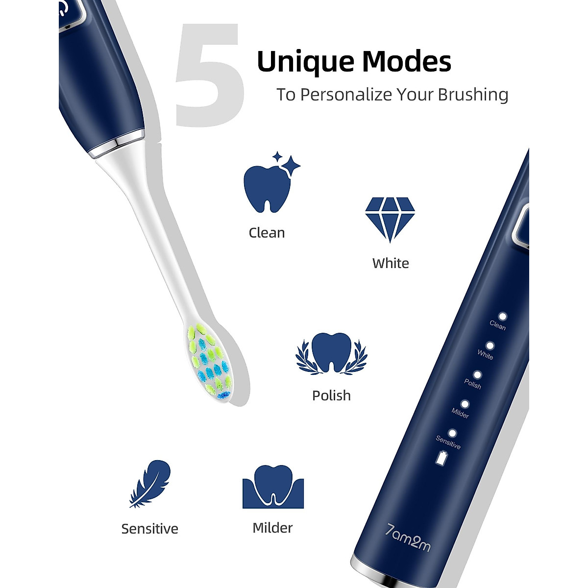 7AM2M Rechargeable Sonic Electric Toothbrush AM100 Package with 10 Brush Heads