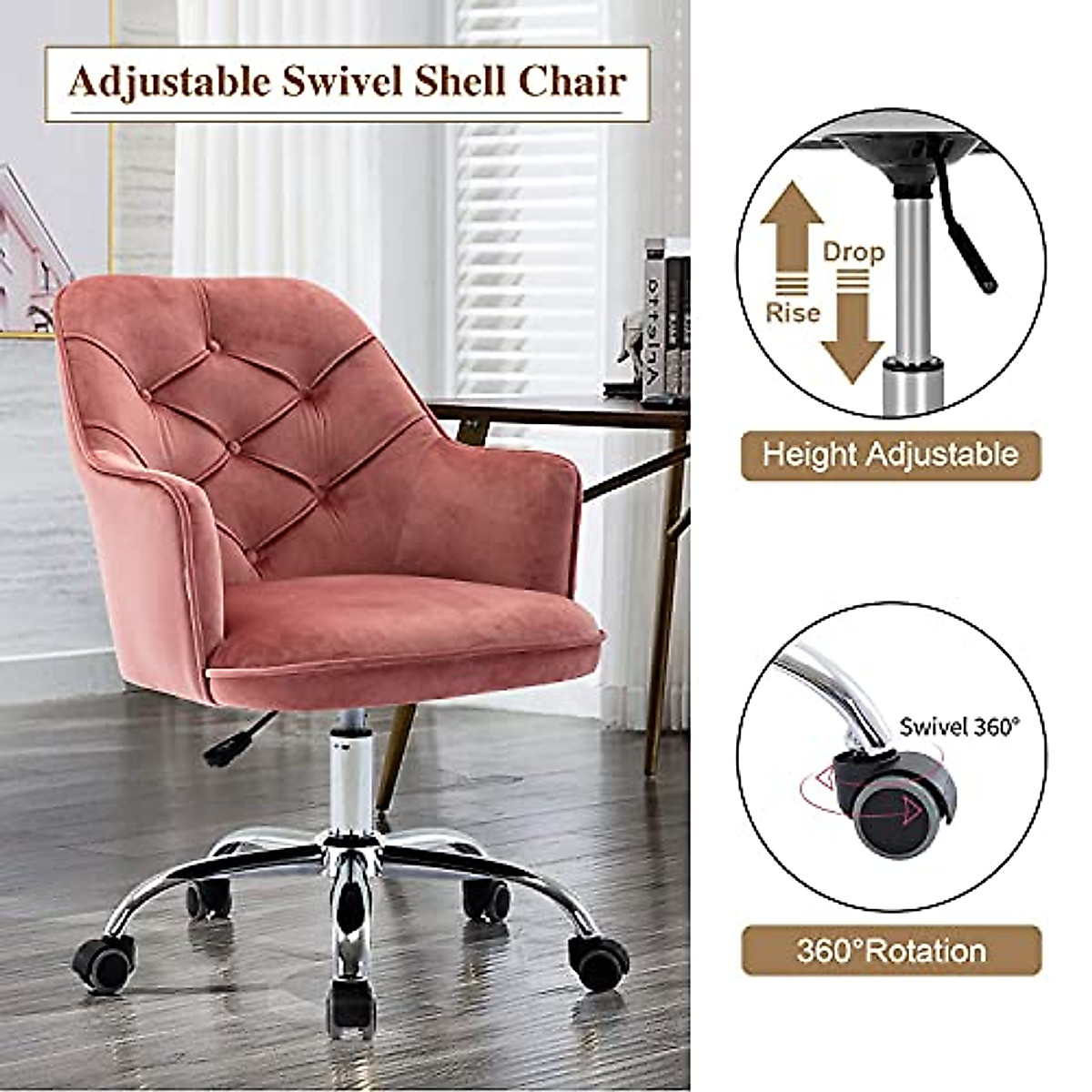 Henf Velvet Home Office Chair on Wheels, 360° Swivel Chair Desk Chairs Vanity Chair Modern Tufted Chair with Armrest, Height Adjustable Comfortable Upholstered Office Chair Task Chair (Warm Pink)