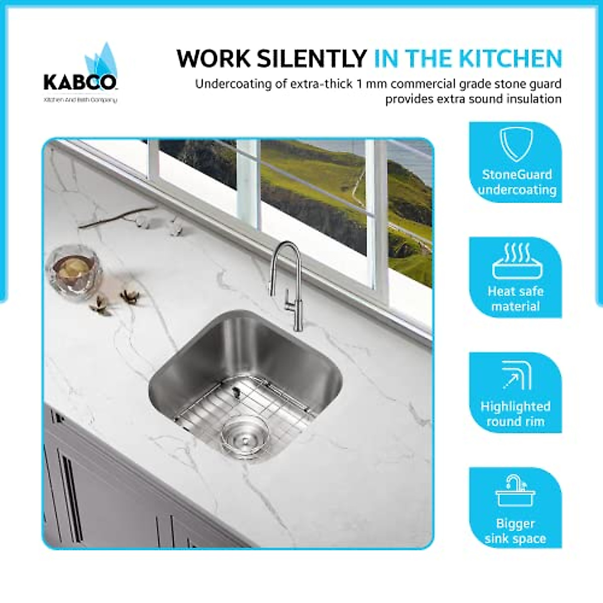 KABCO 16 Inch Square Single Bowl Stainless Steel Classic Kitchen Sink with Kitchen Sink Strainer, Garbage Basket and Sink Grid, 18 Gauge Undermount Rust Resistant Sound and Heatproof Swirl Finish Sink