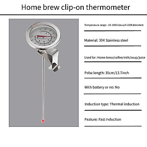 1Pc Kettle Clip on Dial Thermometer Home Brew Wine Beer Thermometers Stainless Steel Hot Liquid Milk Kitchen Cooking Probe Yogurt Temperature