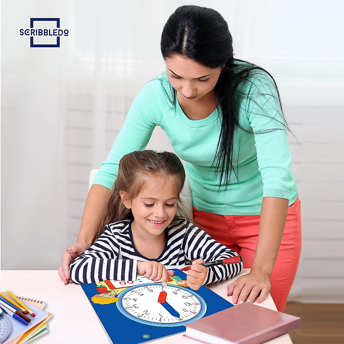 Scribbledo Writable Dry Erase Learning Clock for Kids Write & Wipe Demonstration Clock for Kids Learning to Tell Time Classrooms and Homeschool Supplies