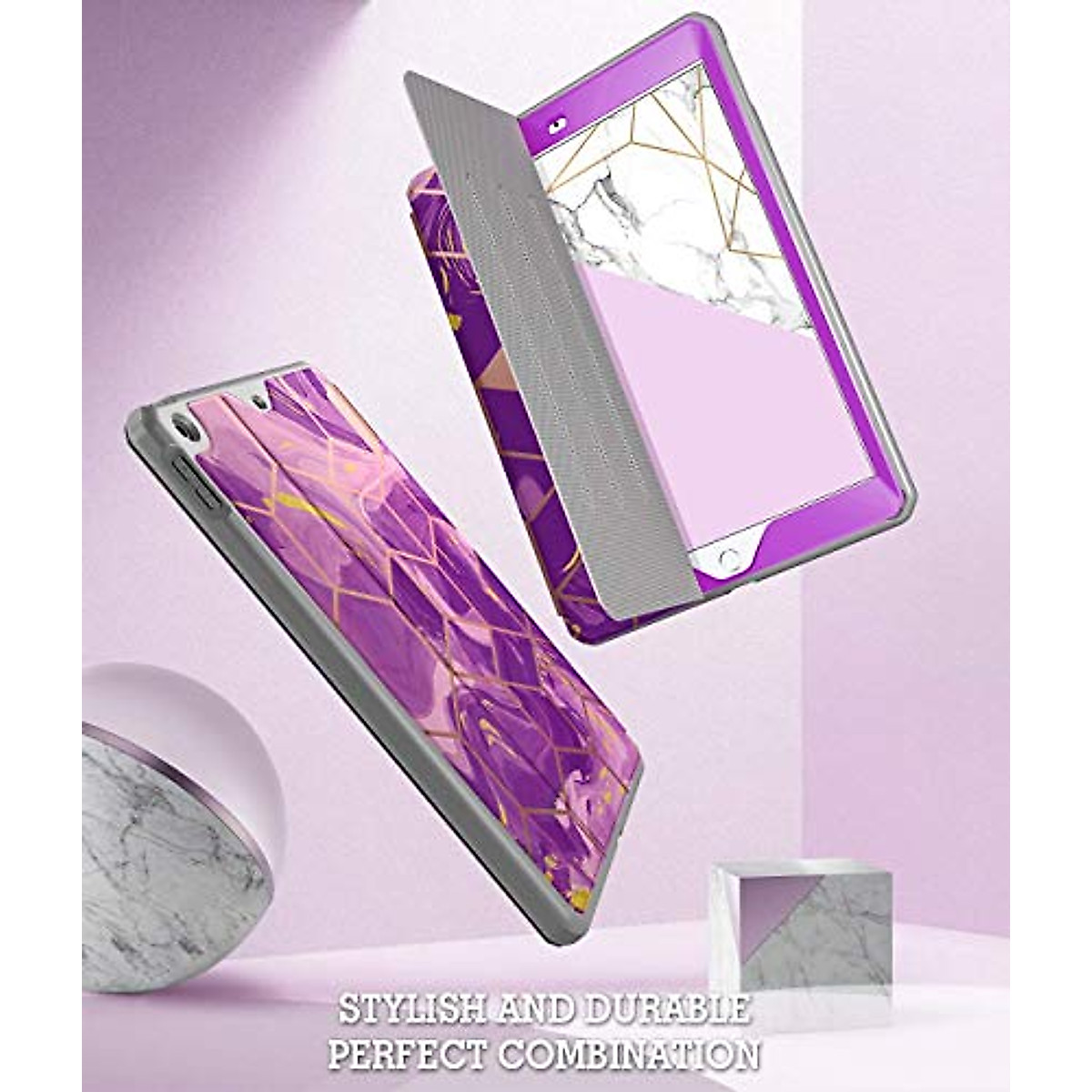 Popshine Marble Case Designed for iPad 10.2 9th Gen (2021)/8th Gen (2020) /7th Gen (2019), Full Body Premium 360 Degree Protective Folio Cover with Built-in Screen Protector, Liquid Marble Purple