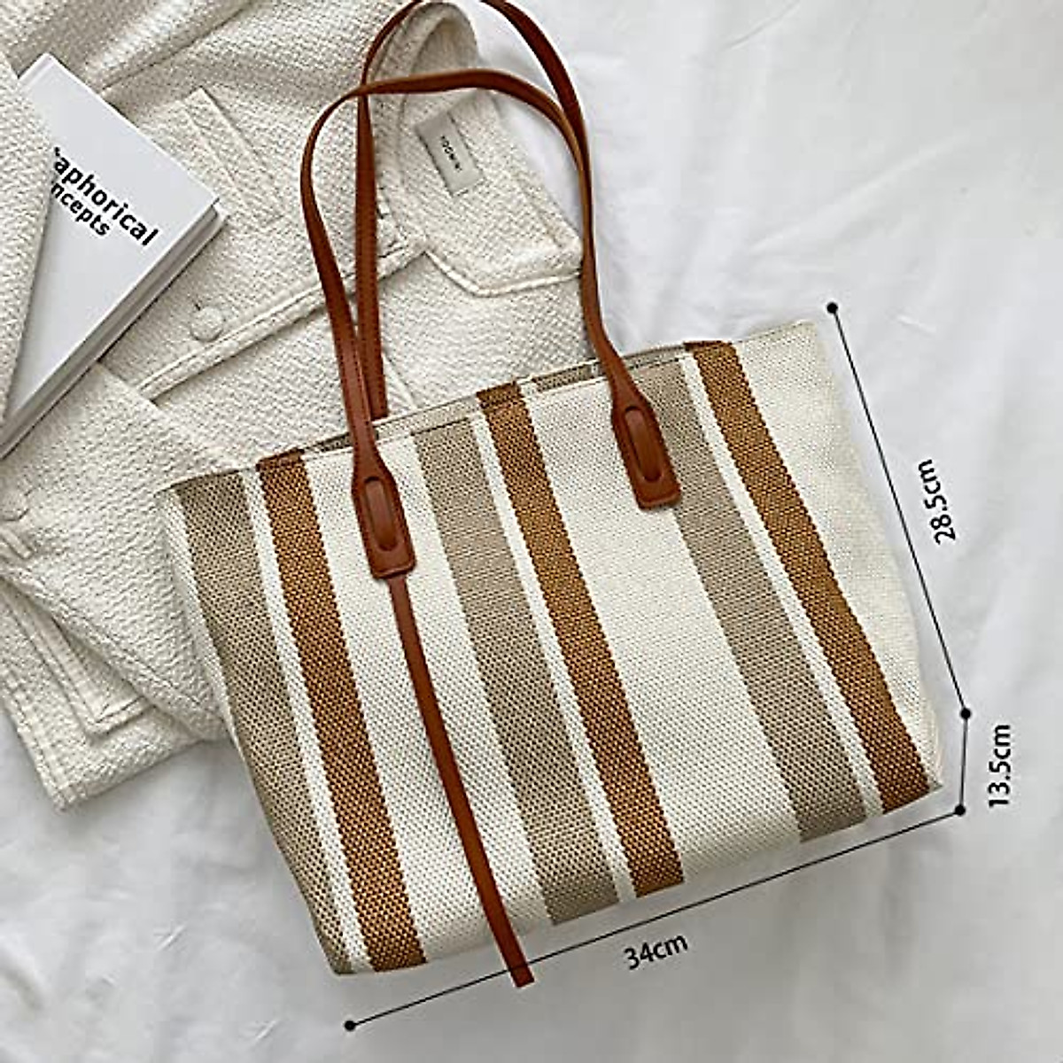 Aeegawoo Striped Tote Bag Aesthetic for Women Canvas Bag with Zipper