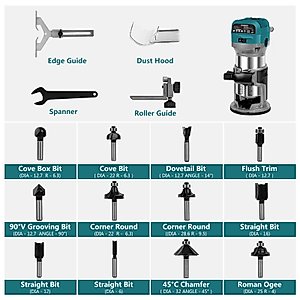 Avtbeisty 6.5-Amp Wood Router Tool, 1.25 HP Compact Trim Router with 6 Variable Speed, Fixed Base, 12 Wood Router Bits, 1/4" & 3/8" Collets, Edge Guide, Roller Guide, and Dust Hood