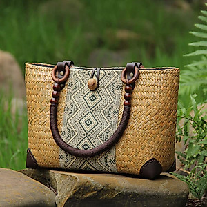 QTKJ Straw Bag for Women, Summer Beach Handmade Rattan Tote Bag, Boho Retro Straw Woven Handbag, Large Beach Vacation Bag (Natural)