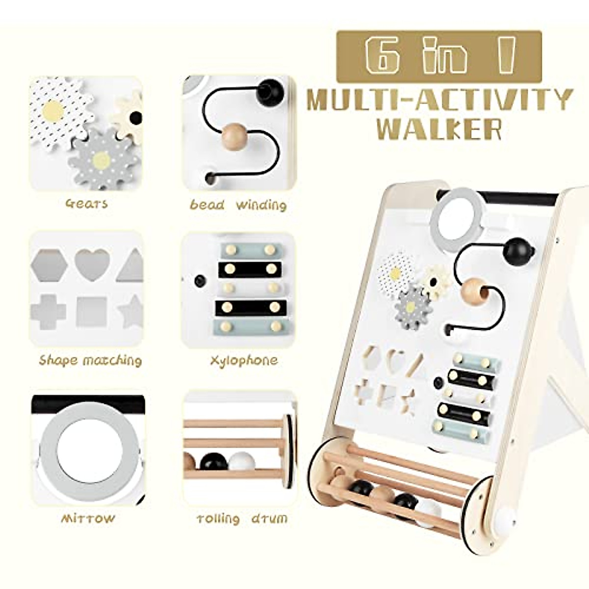 Asweets Wooden Baby Walker Push and Pull Learning Activity Walker with Roller for Boys and Girls Stand Learning Walker Toddler Toy