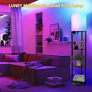 LUNSY Floor Lamp with Shelves, Smart RGB Shelf Floor Lamp with 2 USB Ports & 1 Power Outlet, Modern Display Floor Lamps with RGB Bulb, Standing Lamp for Living Room, Bedroom and Office - Black