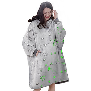 Cozy Bliss Wearable Blanket Hoodie Glow in The Dark Oversized Hooded Sweatshirt Lightweight with Giant Hood Pocket Super Soft Warm Comfy Plush Gifts for Kids Women Men Birthday Halloween Grey