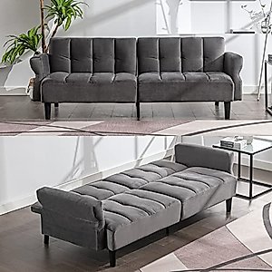 Mjkone Modern Futon Sofa Bed, Velvet Loveseat Sleeper Sofa Bed with Adjustable Backrest, Futon Couches for Living Room, Folding Bed Futons with Adjustable Armrests - Light Gray