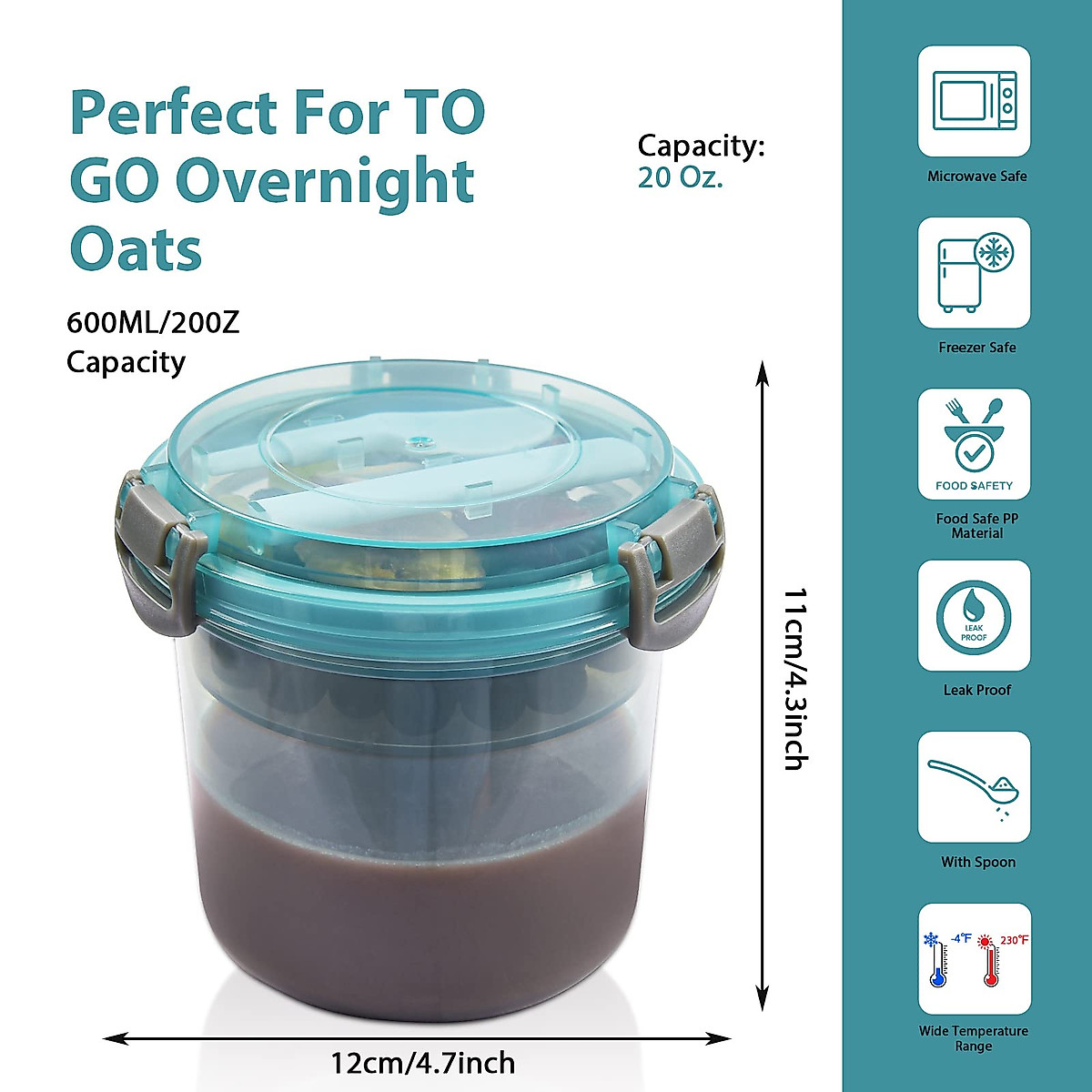 Overnight Oats Containers with Lids Set of 2,20OZ Overnight Oats Jars,Leakproof Food Storage Containers for Oatmeal,Yogurt with Spoon,Cereal Milk Breakfast On The Go Cups,Meal Prep Container
