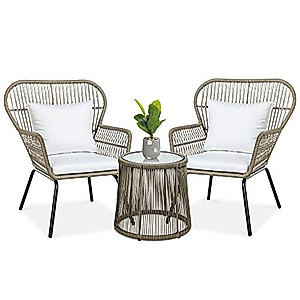 Best Choice Products 3-Piece Patio Conversation Bistro Set, Outdoor All-Weather Wicker Furniture for Porch, Backyard w/ 2 Wide Ergonomic Chairs, Cushions, Glass Top Side Table - Tan