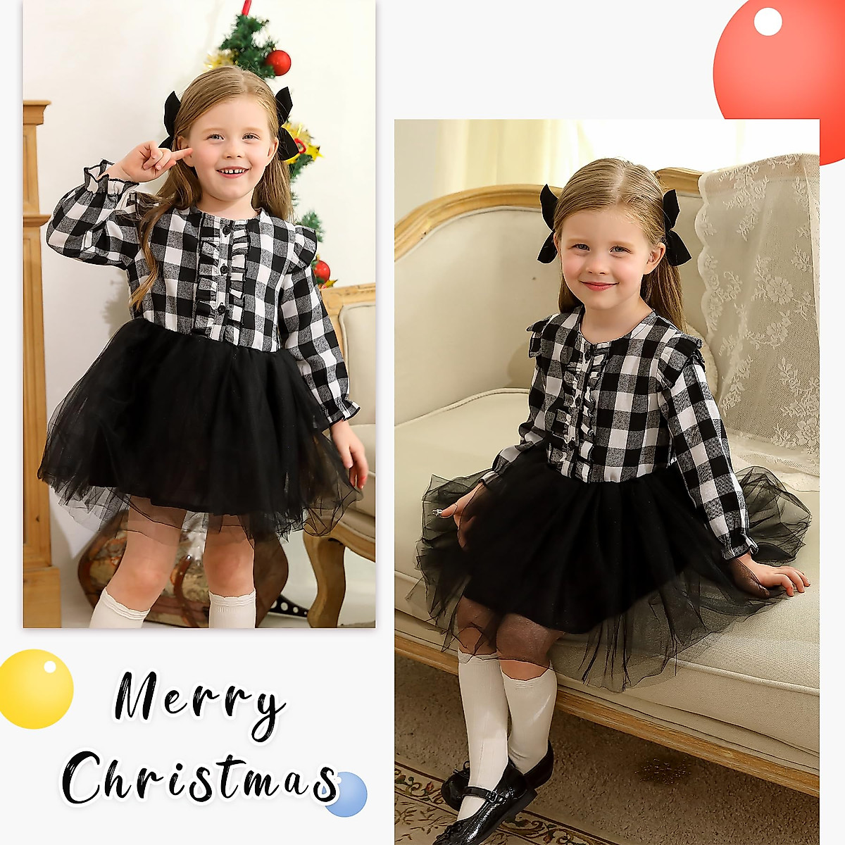 YOUNGER TREE Toddler Kids Girls Clothes Christmas Dress Ruffle Red Plaid Black Mesh Skirt Outfits Overall Fall Winter (3-4T, Black White Plaid mesh Dress)