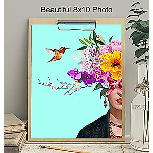 Hummingbird Flowers Tropical Wall Art & Decor - 8x10 Gifts for Women - Mexican Wall Art for Bedroom Home Office, Living Room - Floral Tiffany Blue Decor Picture Print - Hummingbird Wall Decor