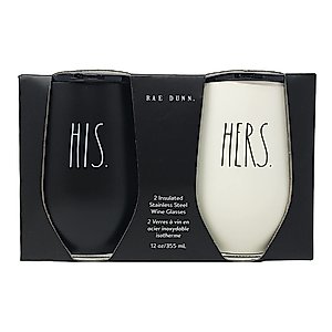 Rae Dunn Wedding Set of 2 Insulated Stainless Steel Wine Glasses, (12oz. each) (His/Hers)