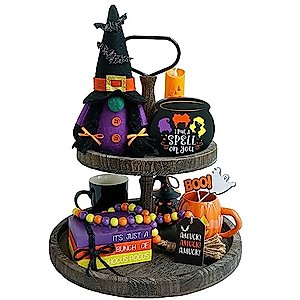 Halloween Decorations - Halloween Gnome Tiered Tray Decor - Hocus Pocus Wood Book Stack Sign Witches Cauldron Halloween Beads Garland Halloween Decorations for Home Halloween Fall Decorations Indoor