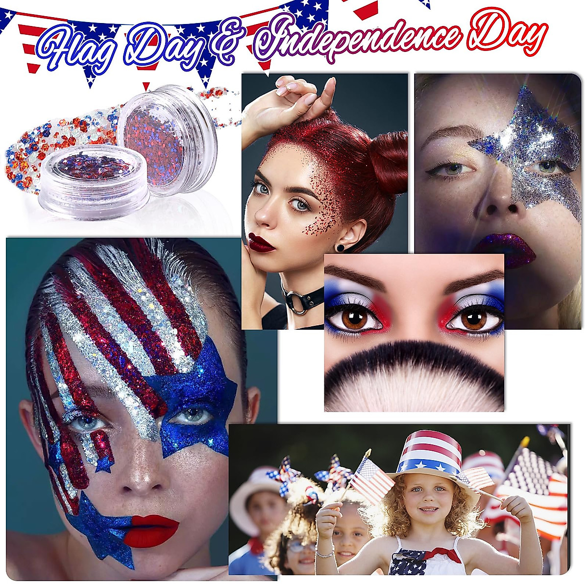 Laza Independence Day Body Glitter, 2 Jars Red Blue White Chunky Sequins with Glue Women Eyeshadow 4th of July Face Paint Festival Rave Outfit Hair Accessories Party Costumes – Circus Carnival
