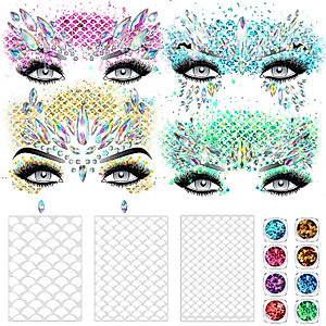 Halloween Mermaid Costume for Women Make up Kit 4 Pcs Mermaid Face Gems with 8 Bottles Holographic Glitter 3 Pcs Mermaid Scales Stencil Rhinestone Face Stickers for Carnival Party (Glitter Style)