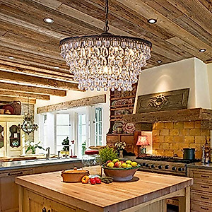 Wellmet Crystal Chandelier, 6-Light 5 Tiers Farmhouse Crystal Light, Adjustable Hanging Bronze Ceiling Lighting Fixture, Modern Foyer Dining Room Chandeliers for Bedroom,Hallway,Bar,Kitchen, W20-inch