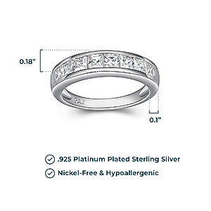 MORGAN & PAIGE Wedding Anniversary Ring - Classic Channel-Set Princess Cut Cubic Zirconia - 925 Platinum Plated Sterling Silver Anniversary Bands For Women - Size 8