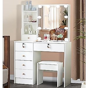 Makeup Vanity Set with Mirror & Lights, 5 Storage Drawer & Stool, 3 Lighting Modes Adjustable Brightness, Bedroom Dressing Table for Women Girls, White (Modern Vanity W-3)