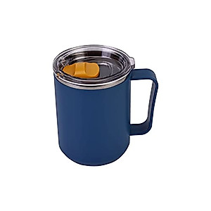 16oz mug cup, with lid and handle to prevent spills or splashes, stainless steel liner, insulated double vacuum design, suitable for storing hot and cold coffee and drinks，navy blue.