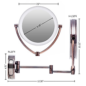 Ovente 7.5" Lighted Wall Mount Makeup Mirror, 1X & 10X Magnifier, Spinning Double Sided Round LED w/ Dimmer Switch, Extend, Retractable & Folding Arm, Battery USB Powered Antique Brass MLW75AB1X10X