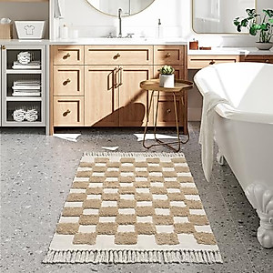 Lahome Checkered Boho Rug for Bedroom, 3x5 Entry Rug Washable Cotton Area Rug Indoor Bath Door Mats with Tassels, Farmhouse Kitchen Rugs Non-Shedding Cotton Area Rug for Entryway Dorm, Khaki