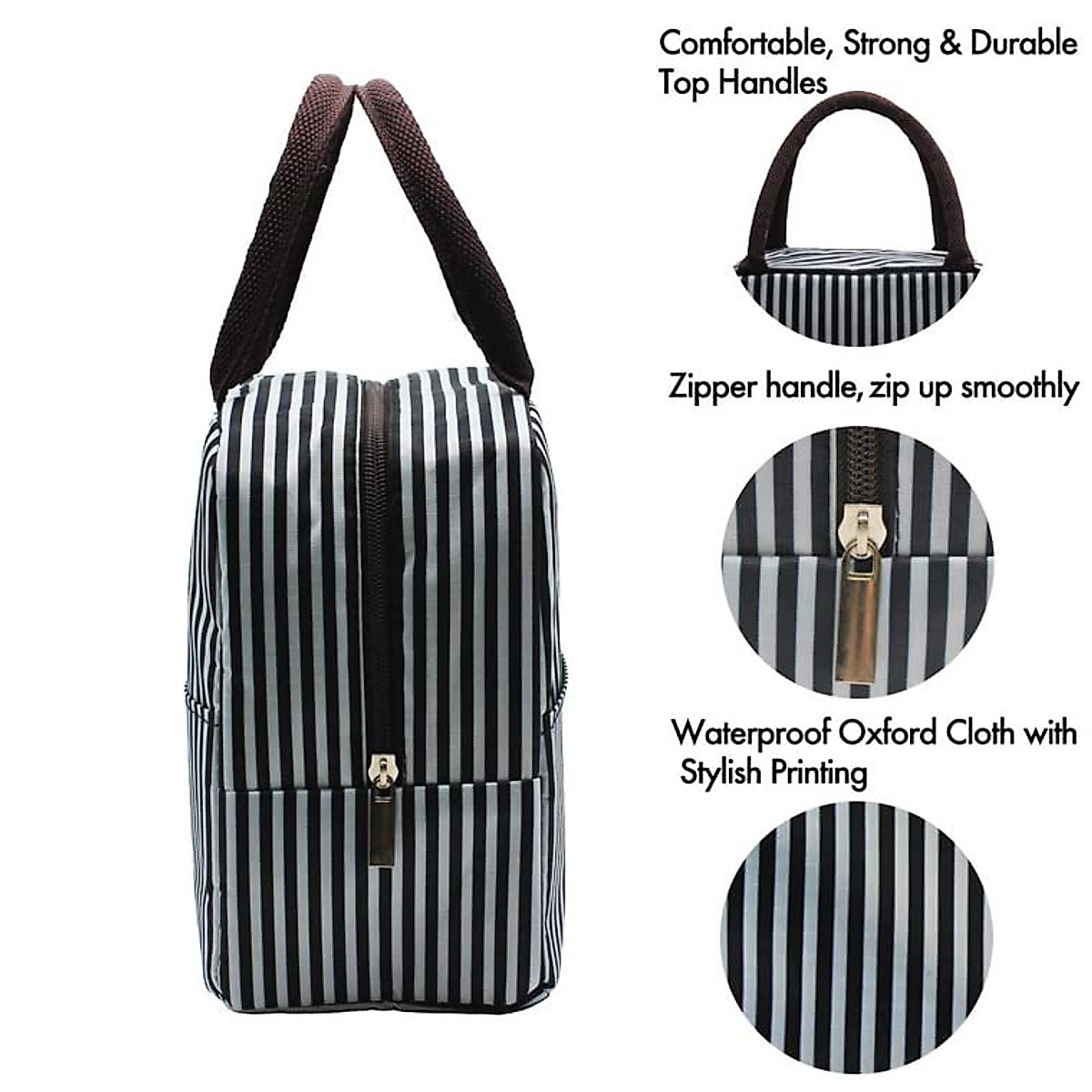 Lunch Bags For Women Lunch Tote Bag Lunch Box Water-Resistant Thermal Cooler Bag Lunch Black Stripe For Picnic Beach Sporting