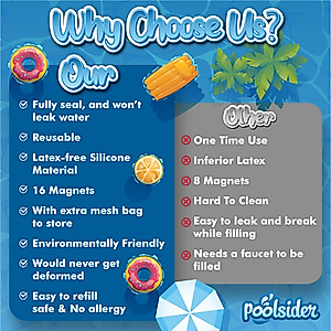 Reusable Water Balloons For Kids (8 Pack) | Refillable Water Balloons With Mesh Bag | Reusable Water Balls | Magnetic Water Balloons | Latex-Free Silicone Water Balloon | Poolsider Reusable Balloons