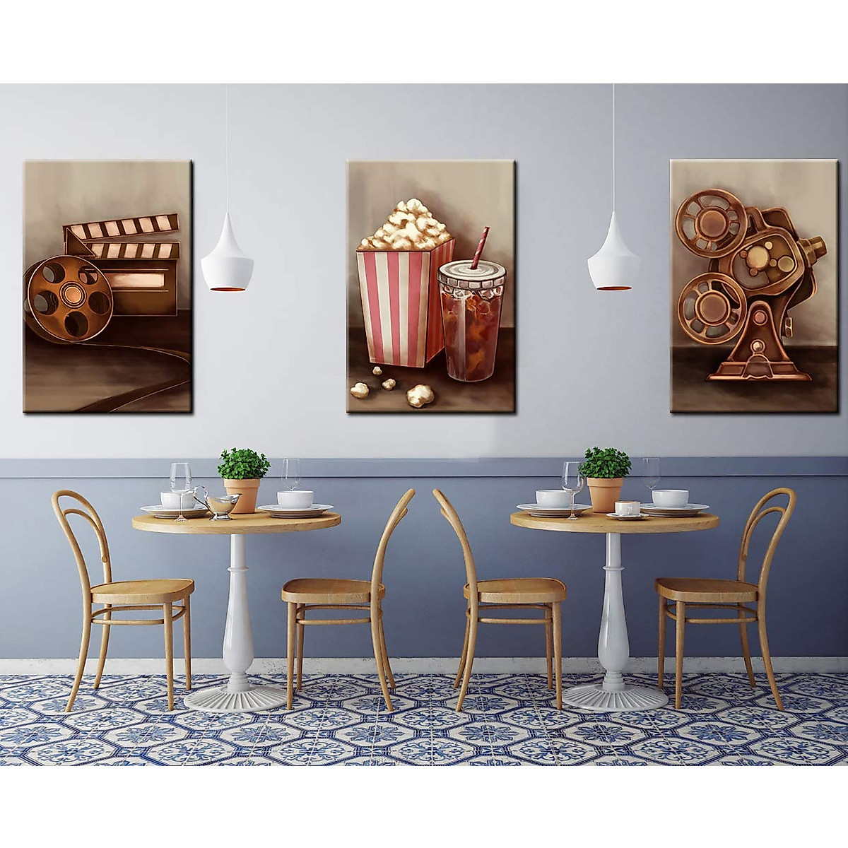 sechars - Extra Large 3 Piece Painting Wall Art Film Reels Popcorn Filmmaking Canvas Art Modern Movie Theater Media Room Decor (24x36inchesx3pcs)